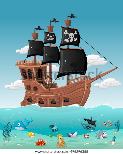 Cartoon Pirate Boy On Ship Fish Stock Vector (Royalty Free) 496296355 ...