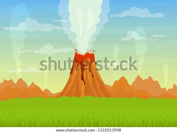 Cartoon Prehistoric Landscape Active Volcano Erupting Stock Vector ...