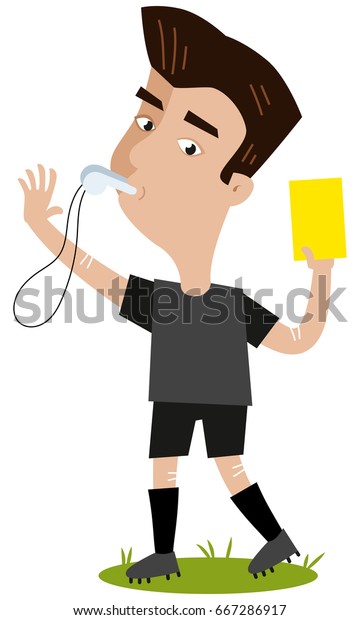 Cartoon Referee Blowing Whistle Holding Yellow Stock Vector (Royalty ...