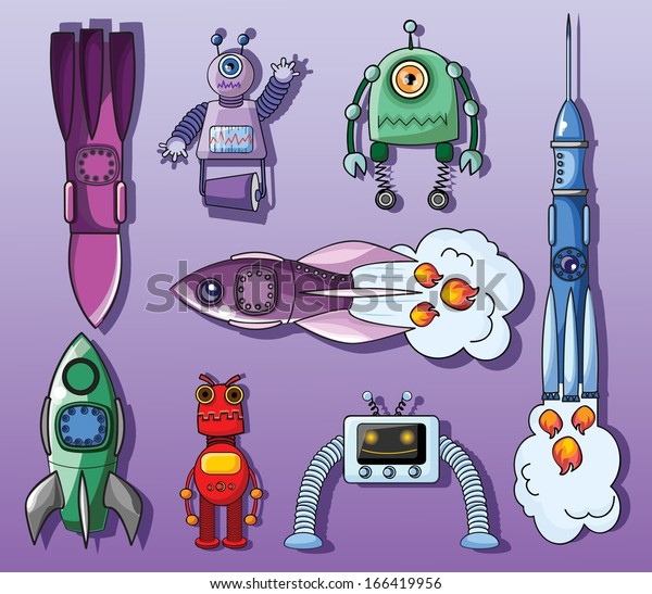 Cartoon Rockets Robots Vector Set Stock Vector (Royalty Free) 166419956 ...
