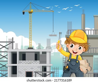 Cartoon Scene Building Construction Site Illustration Stock Vector ...