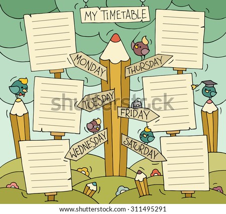 Cartoon School Timetable Little Cute Bird Stock Vector (Royalty Free ...