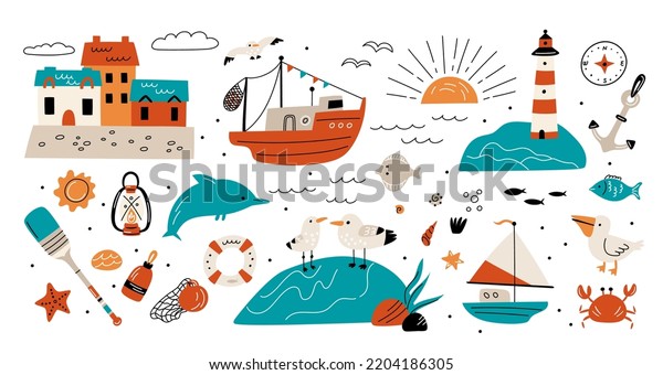 Cartoon Sea Nautical Elements Ocean Travel Stock Vector (Royalty Free ...