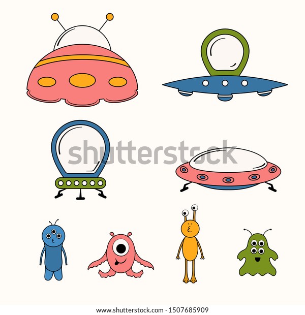 Cartoon Set Cute Ufo Smiley Aliens Stock Vector (Royalty Free ...