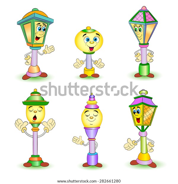 Cartoon Set Different Smiling Street Lamp Stock Vector (Royalty Free ...
