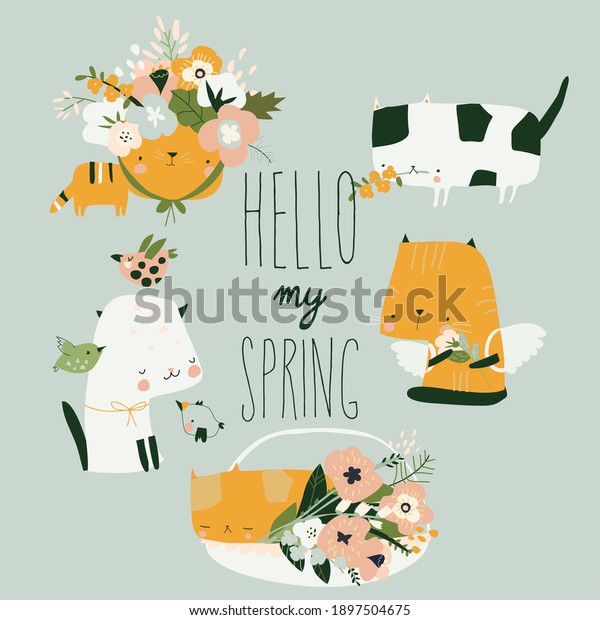 Cartoon Set Funny Cats Spring Flowers Stock Vector (Royalty Free ...