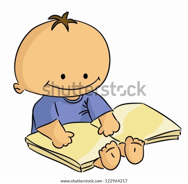 Cartoon Small Sitting Baby Reading Book Stock Vector (Royalty Free ...