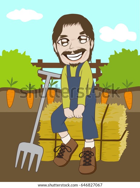 Cartoon Smiling Farmer Sit On Hay Stock Vector (Royalty Free) 646827067
