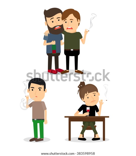 Cartoon Smoking Characters Cigarettes Sitting Standing Stock Vector ...