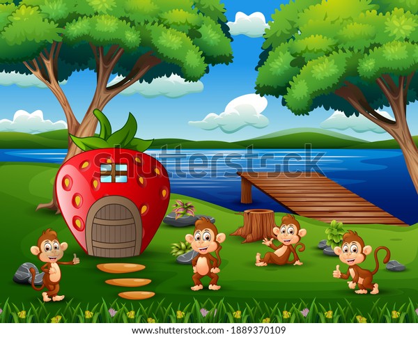 Cartoon Some Monkeys Playing Strawberry House Stock Vector (Royalty ...