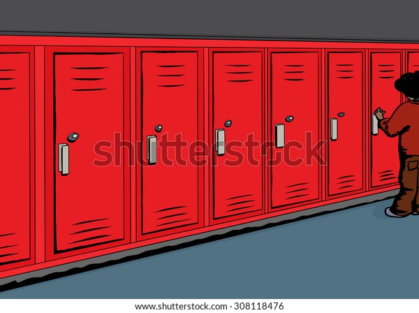 Cartoon of student opening red locker in hallway
