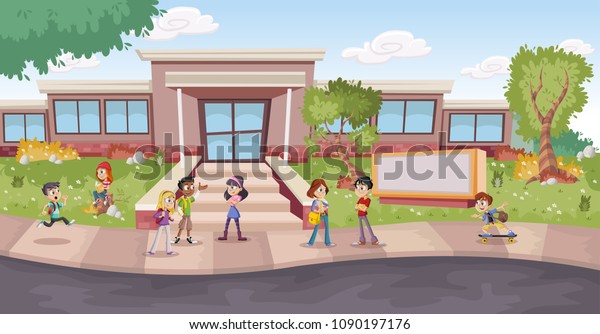 Cartoon Students Front School Building Stock Vector (Royalty Free ...