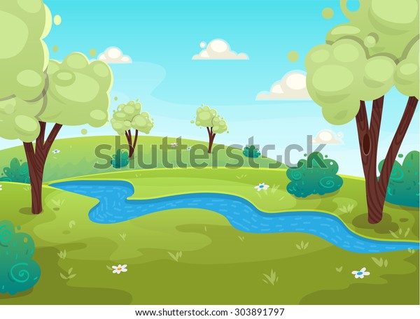 Cartoon Style River Forest Tree Bushes Stock Vector (Royalty Free ...