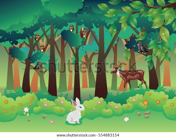 Cartoon Summer Forest Landscape Green Shrubs Stock Vector (Royalty Free ...