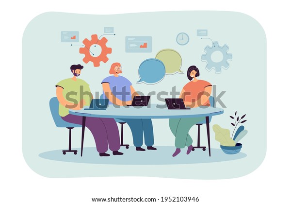 El equipo de dibujos animados trabaja en la ilustración vectorial plana ...