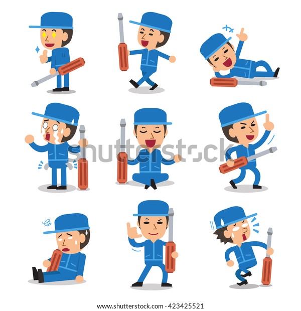 Cartoon Technician Character Pose Set Stock Vector (Royalty Free) 423425521