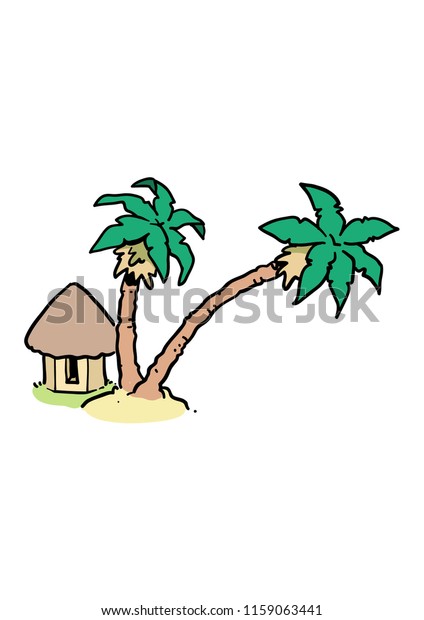 Cartoon Tiki Huts Palms Stock Vector (Royalty Free) 1159063441