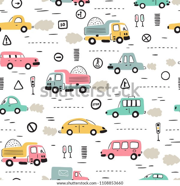 Stock vektor „Cartoon Transportation Background Kids Vector Seamless ...
