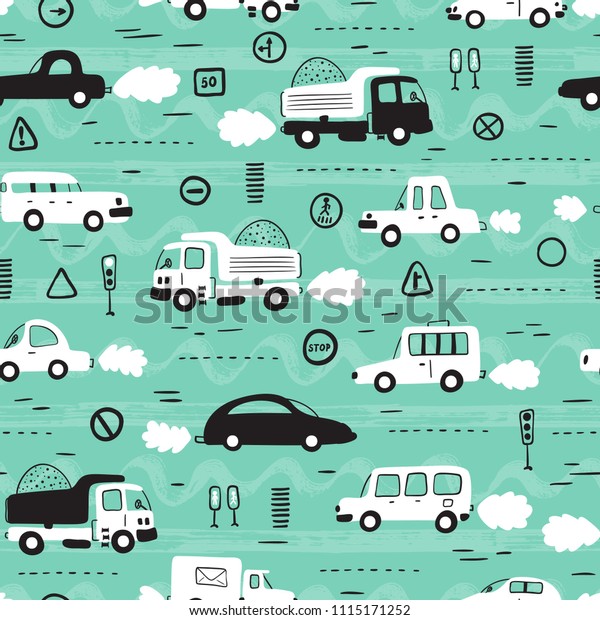 Cartoon Transportation Background Kids Vector Seamless Stock Vector ...