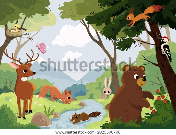 Cartoon vector animals that live on the valley with river, forest and ...
