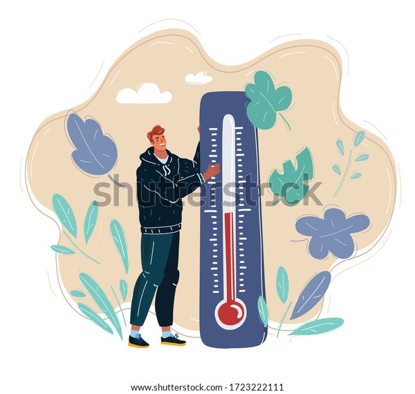 Cartoon vector illustration of Earth of Global Warming. Tiny man ...