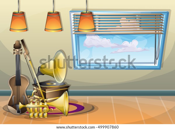 cartoon vector illustration interior music room with separated layers ...
