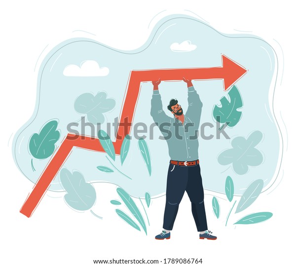 Cartoon vector illustration of man with rising arrow, representing ...