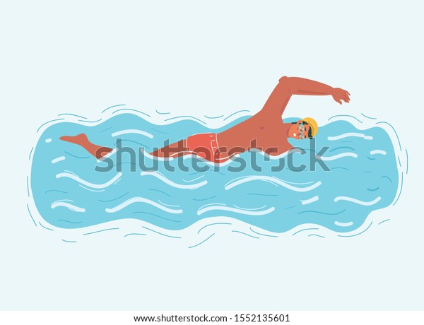 Cartoon vector illustration of man swim in wave. Swimmer in pool.