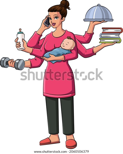 Cartoon Vector Illustration Mom Multitasking Stock Vector (Royalty Free ...
