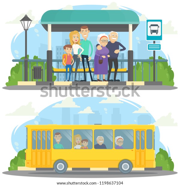 Cartoon Vector Illustration Passengers Waiting Bus Stock Vector ...