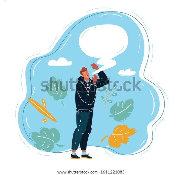 Cartoon vector illustration of shouting man with speech bubble on blue.
