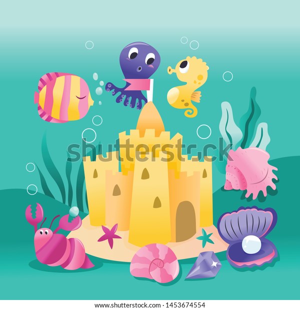 Cartoon Vector Illustration Underwater Sand Castle Stock Vector ...
