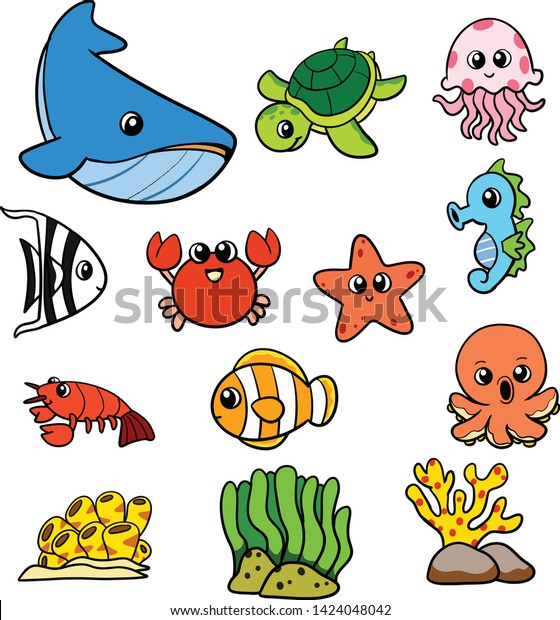 Cartoon Vector Underwater Sea Creature 스톡 벡터(로열티 프리) 1424048042 ...