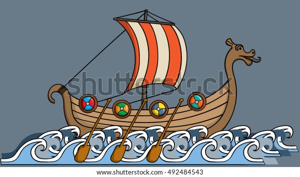 Cartoon Viking Ship Sailing On Ocean Stock Vector (Royalty Free) 492484543