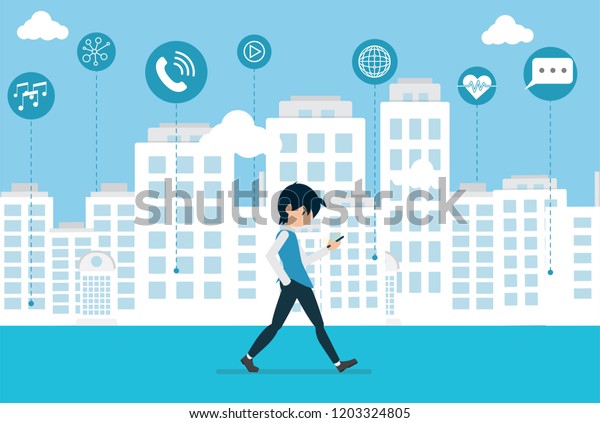 Cartoon Walking Smart City Technology Help: เวกเตอร์สต็อก (ปลอดค่า ...