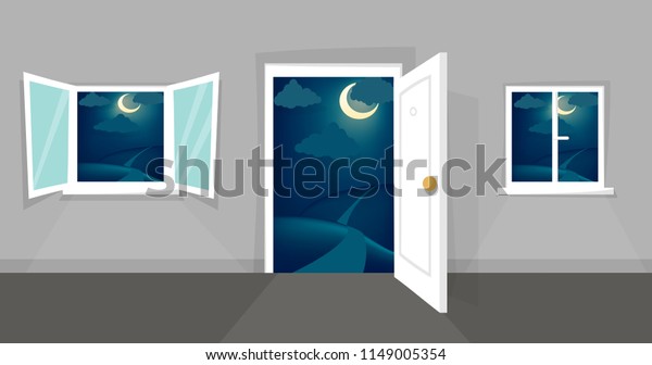 Cartoon windows and door view set. Mystic night scene. Hill, clouds ...