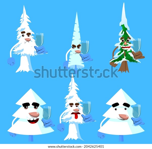 Cartoon Winter Pine Trees Faces Glass Stock Vector (Royalty Free ...