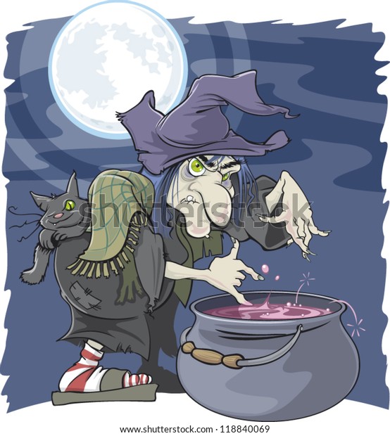 Cartoon Witch Stirs Her Cauldron Stock Vector (Royalty Free) 118840069 ...