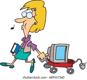 Cartoon Woman Pulling Wagon Computer Stock Vector (Royalty Free ...