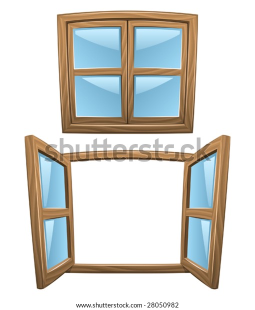 Cartoon wooden windows - closed and open (Vector)