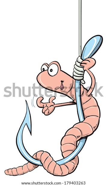 Cartoon worm on a hook, vector illustration