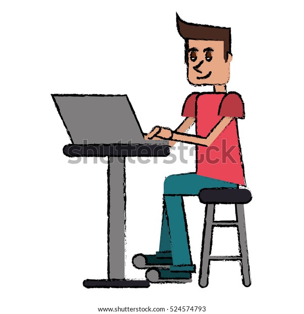 Cartoon Young Man Sitting Working Computer Stock Vector (Royalty Free ...