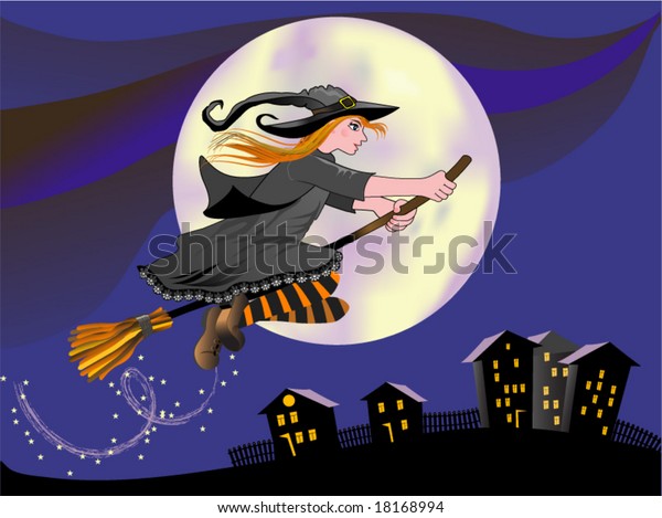 Cartoon Young Witch Flying On Broom Stock Vector (Royalty Free) 18168994
