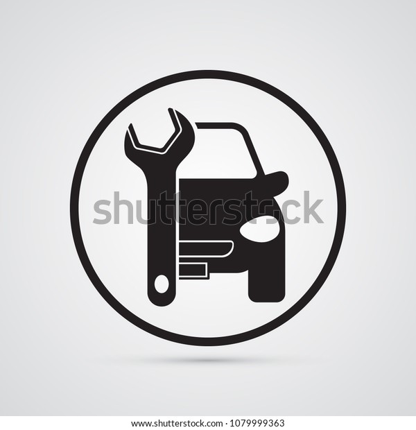 Carved silhouette flat icon, simple vector design. Anfas car with wrench in round for ...