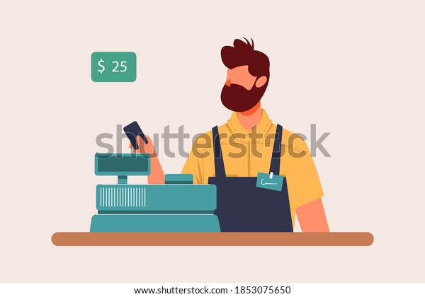 Cashier Behind Cashier Counter Flat Design Stock Vector (Royalty Free ...