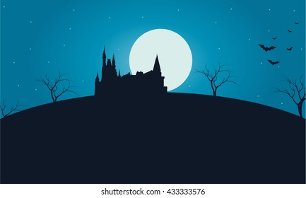 Vector Illustration Castle Mountain Full Moon Stock Vector (Royalty ...