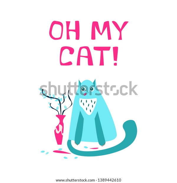 Cat bully eat houseplants. Vector hand caricature illustration. Sketch ...