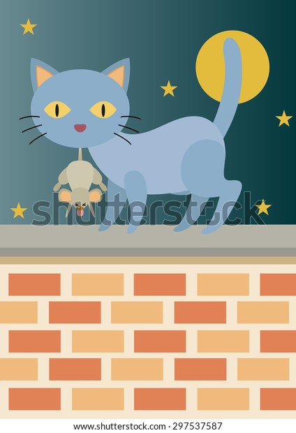 Cat Eat Rat On Brick Wall Stock Vector (Royalty Free) 297537587