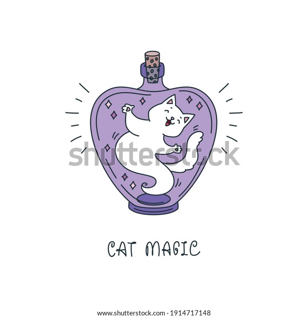 Cat Magic Illustration Cute White Cat: стоковая векторная графика (без ...