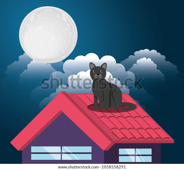 Cat Under Light Moon Roof Stock Vector (Royalty Free) 1058558291 ...